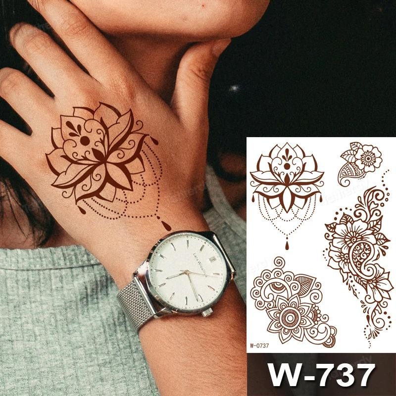 Brown Fake Henna Waterproof Temporary Tattoos Mandala Flower Lace ...