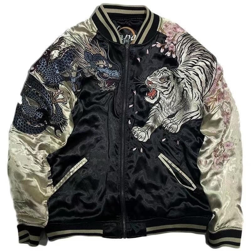 Spring Autumn Long Sleeve Jacket Ukiyo-e Men Printed Blue Dragon White ...