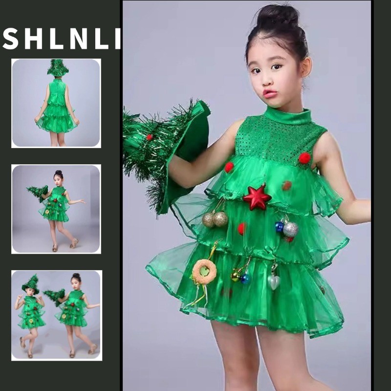 Christmas Girls' Elf Cosplay Costume Children's Green Tree Stage ...