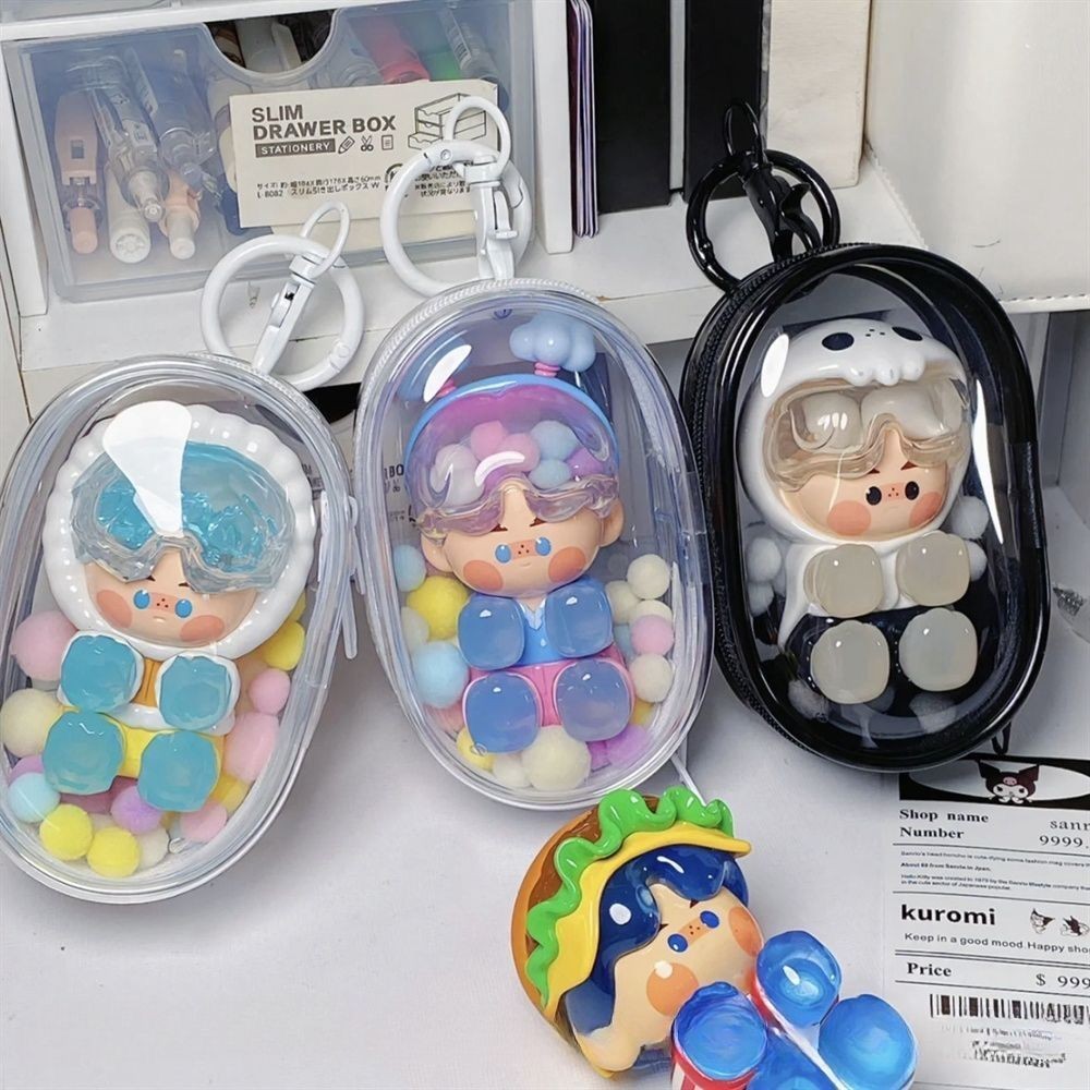 Cute Bubble Mart Doll Storage Bag loket rantai kunci telus PVC debu ...