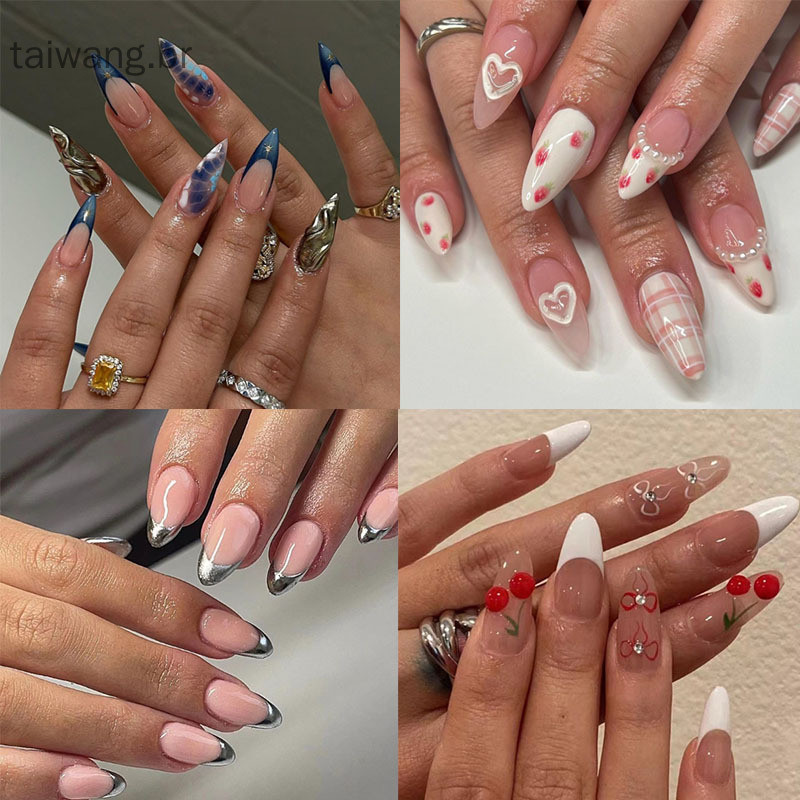 3D Realistic Handmade Almond False Nails with Glue Press on Nails ...