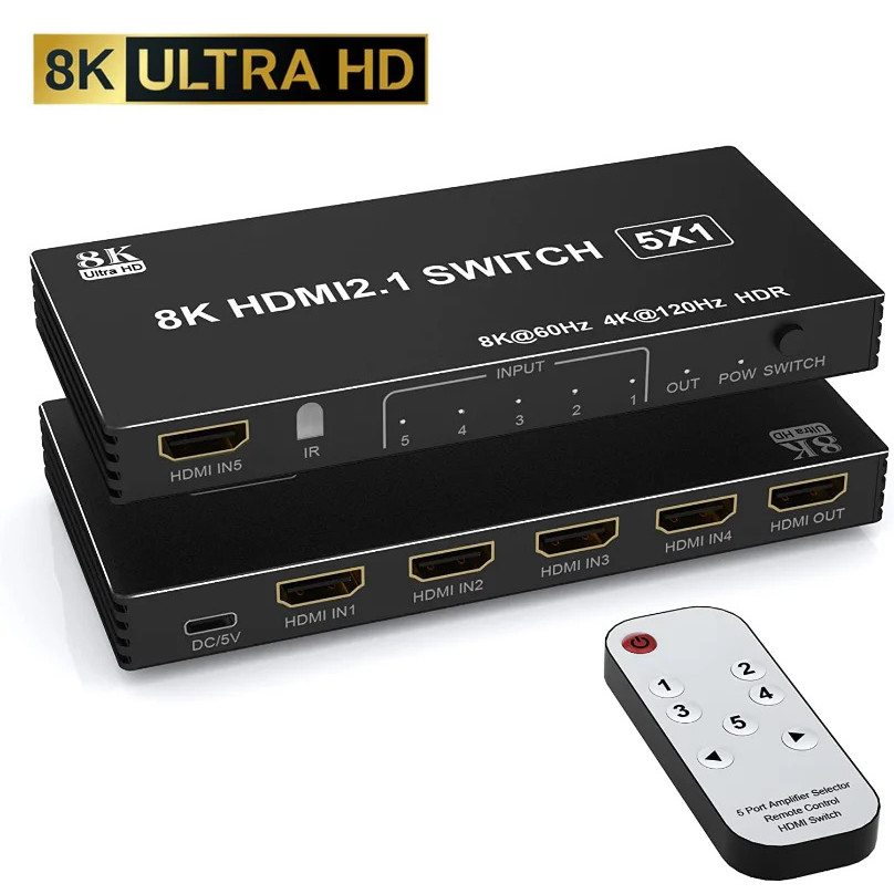 8K HDMI Switch 5 in 1 Out 8K@60Hz 4K@120Hz HDMI 2.1 Switcher 5x1 ...