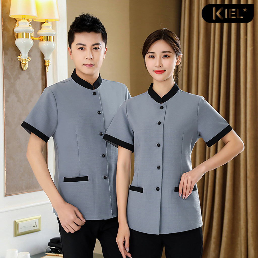 [KL]Hotel Housekeeping Uniform Women Slim Fit Top Stand Collar Short ...