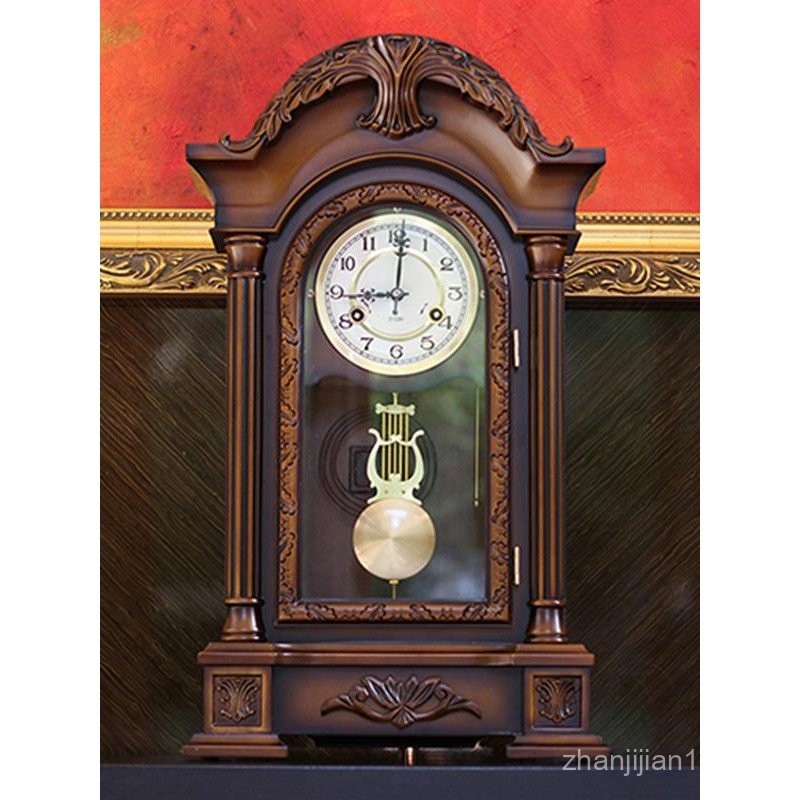 Retro Zhongtang High-End Desk Clock Solid Wood Carving Mechanical Desk ...