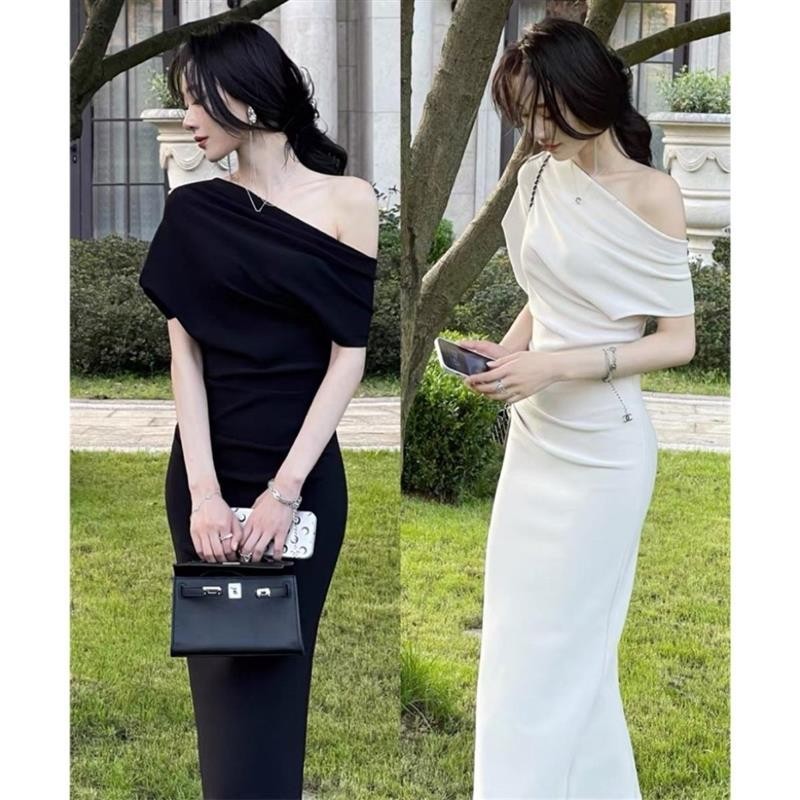 Temperament high-end slant-neck off-the-shoulder dress slim-fitting hip ...