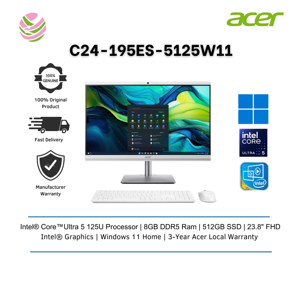 ACER ASPIRE C24-195ES-5125W11 23.8" AIO DESKTOP PC (ULTRA 5 125U, 8GB, 512GB, INTEL, W11H, OFF H ...