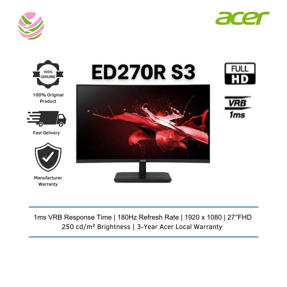 ACER GAMING MONITOR NITRO ED270R S3 27" FHD (1920 X 1080) 1MS 180HZ ...