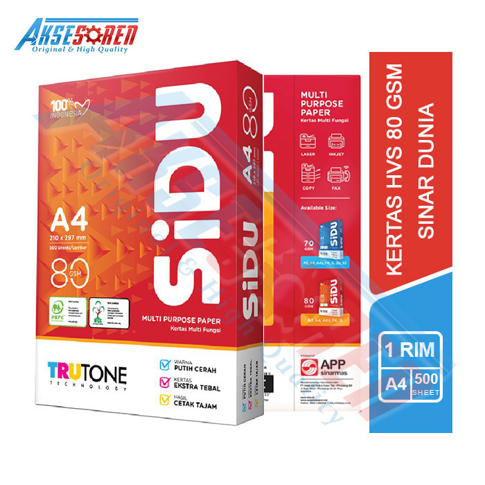 PUTIH Hvs A4 Sidu 80 GSM Paper [1 Rim/500 Sheets] / Sinar Dunia A4 ...