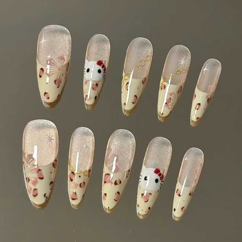 Leopard Print and Cartoon Cat Pattern Cat Eyes Crystal Fake Nails Shiny ...