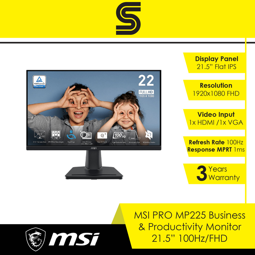 MSI PRO MP225 Monitor - 21.5"/FHD/IPS/100Hz/1ms MPRT/1x HDMI/1x VGA ...