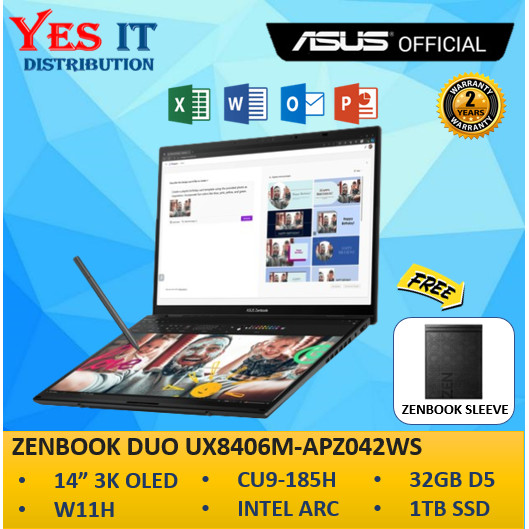 Asus Zenbook Duo 14 OLED UX8406M-APZ042WS 14" 3K Touch Laptop (CU9-185H ...