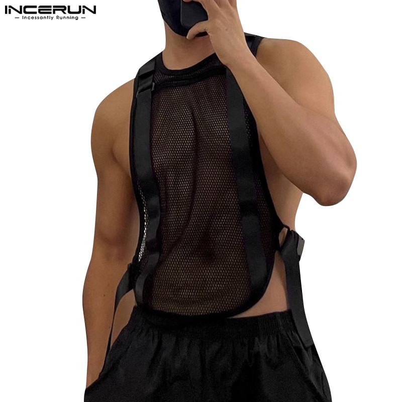 INCERUN Men Korean Casual Mesh Pattern Hollow Snap Adjustable ...