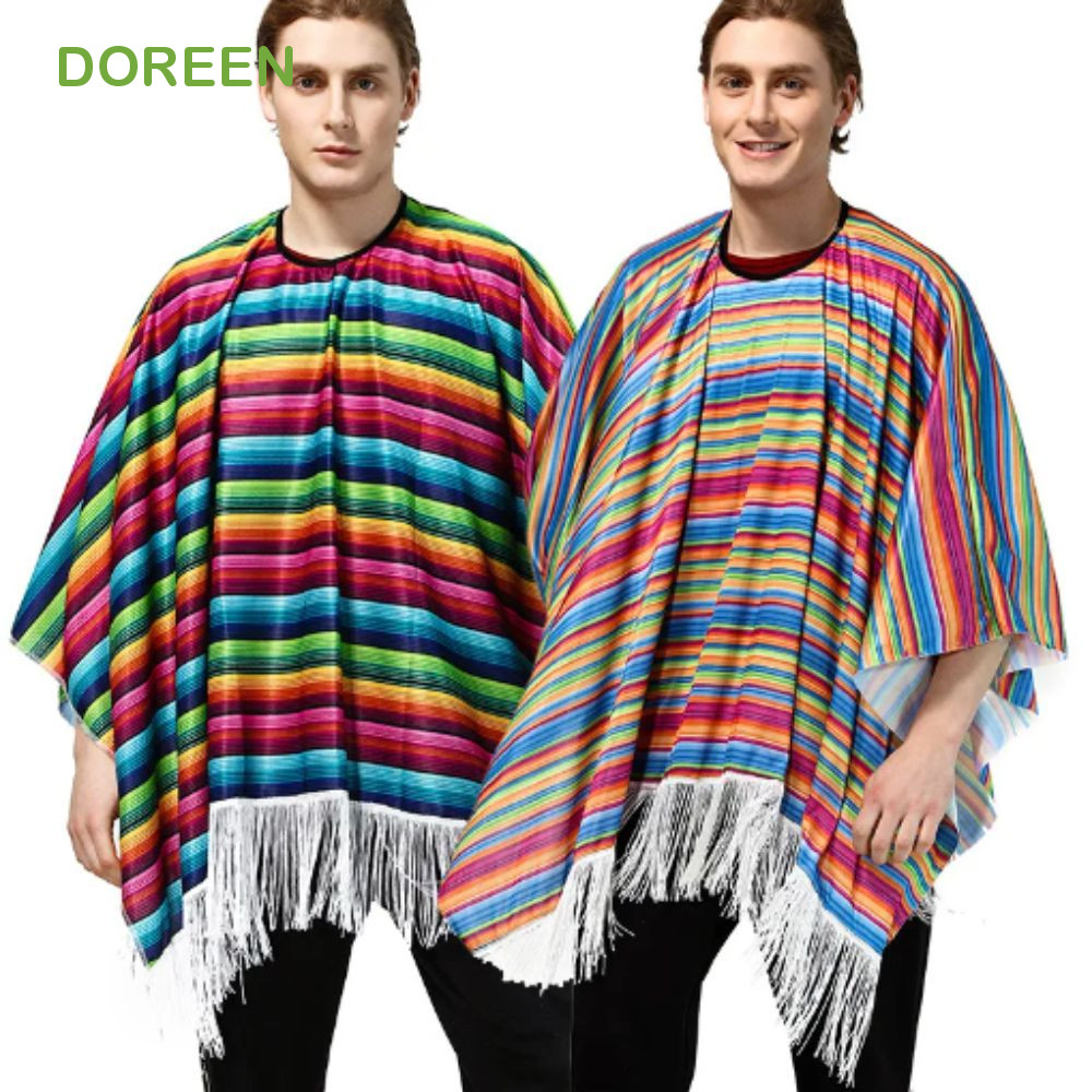 DOREEN Mexican Costume, Ethnic Cloak Rainbow Stripe Mexican Style Cloak ...