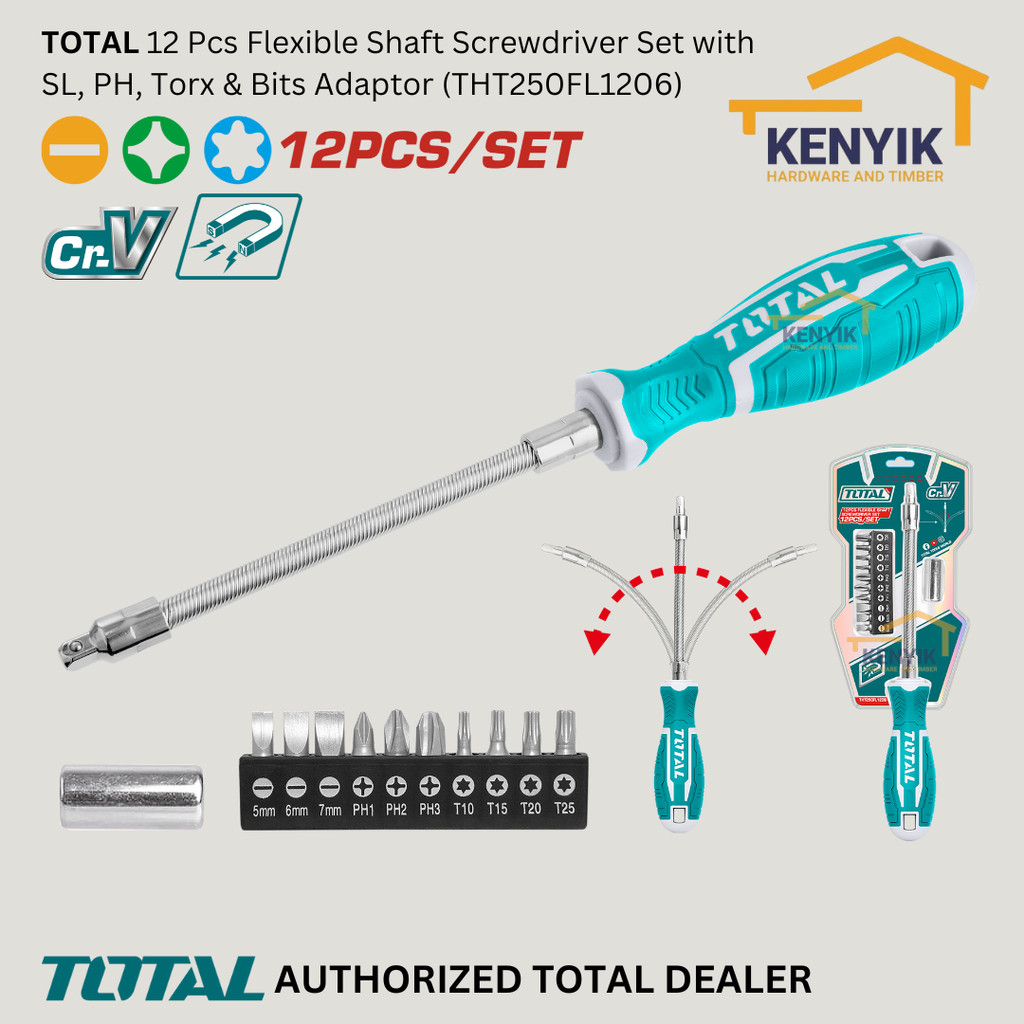 TOTAL 12 Pcs Flexible Shaft Screwdriver Set with SL, PH, Torx & Bits ...