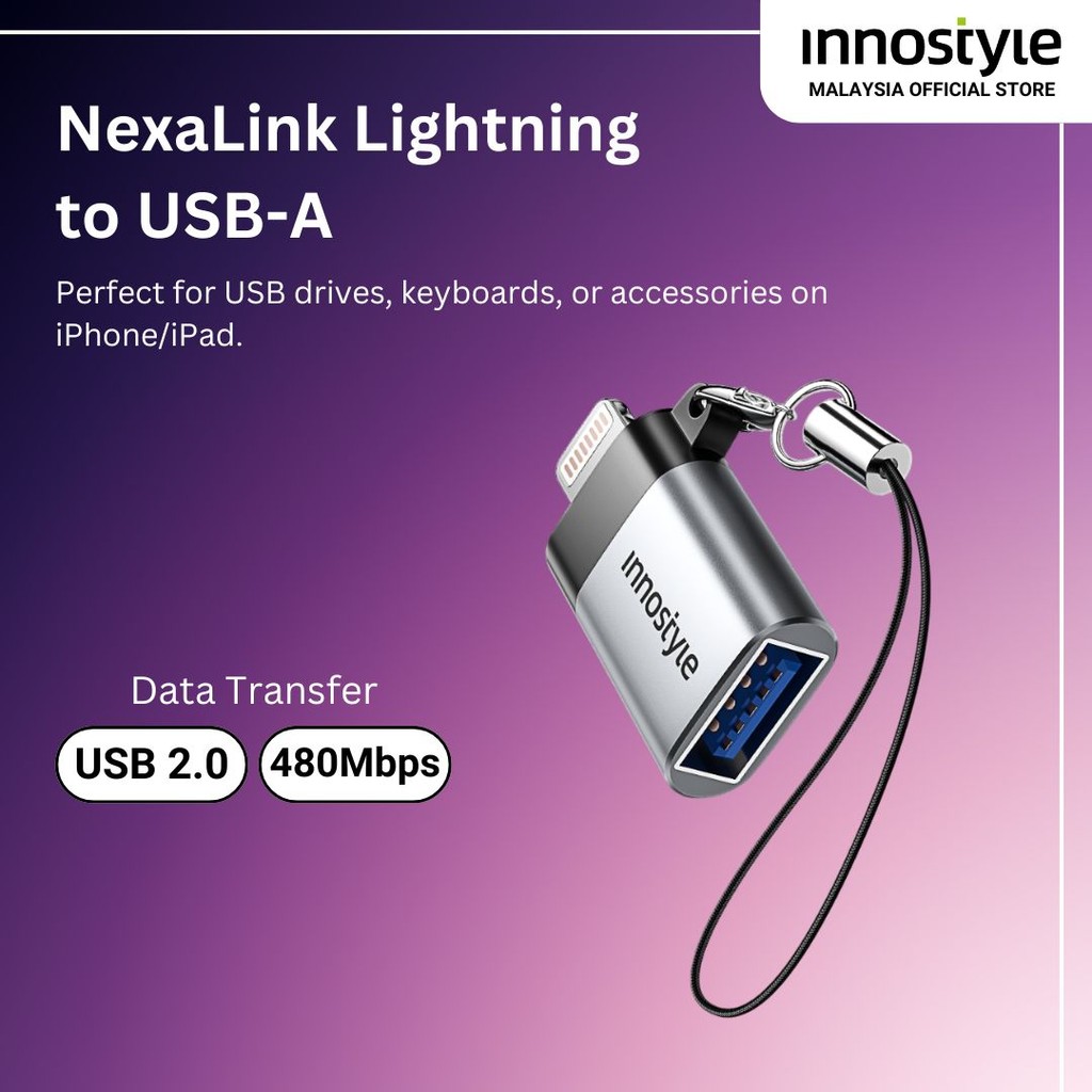 InnoStyle NexaLink Lightning to USB-A Female Adapter - USB2.0, 480Mbps ...