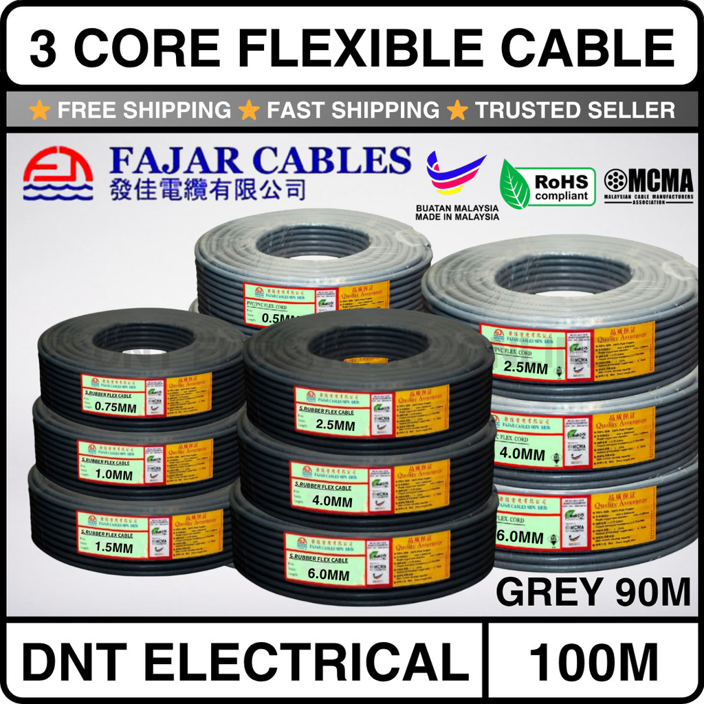 100/90Meter 100% Pure Copper | Fajar 3 Core Cable PVC Flexible Cable Wire | TRS Cable Core Black ...