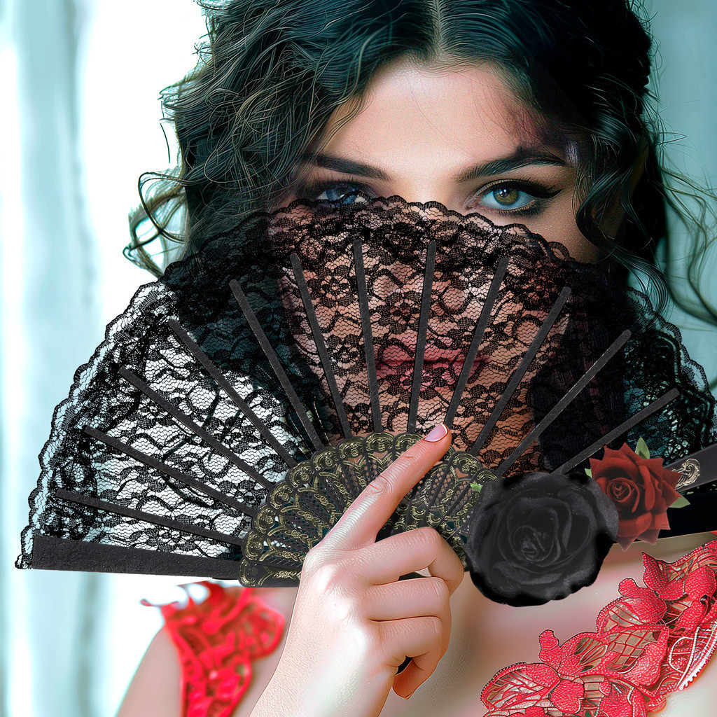 Lolita Gothic Fan Victorian Female Lace Hand Vintage Fan Black Rose Red ...