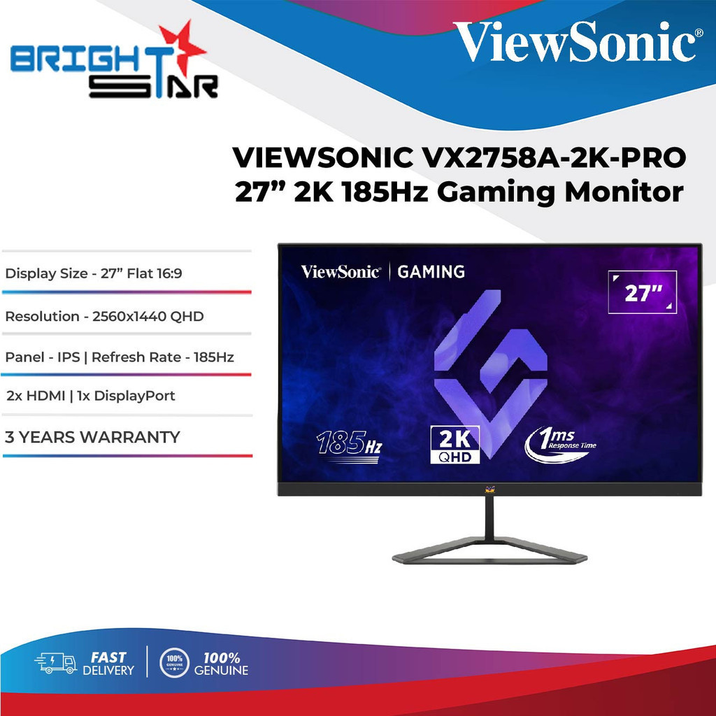VIEWSONIC VX2758A-2K-PRO 27" QHD Gaming Monitor - 185Hz/1ms/2x HDMI/1x ...