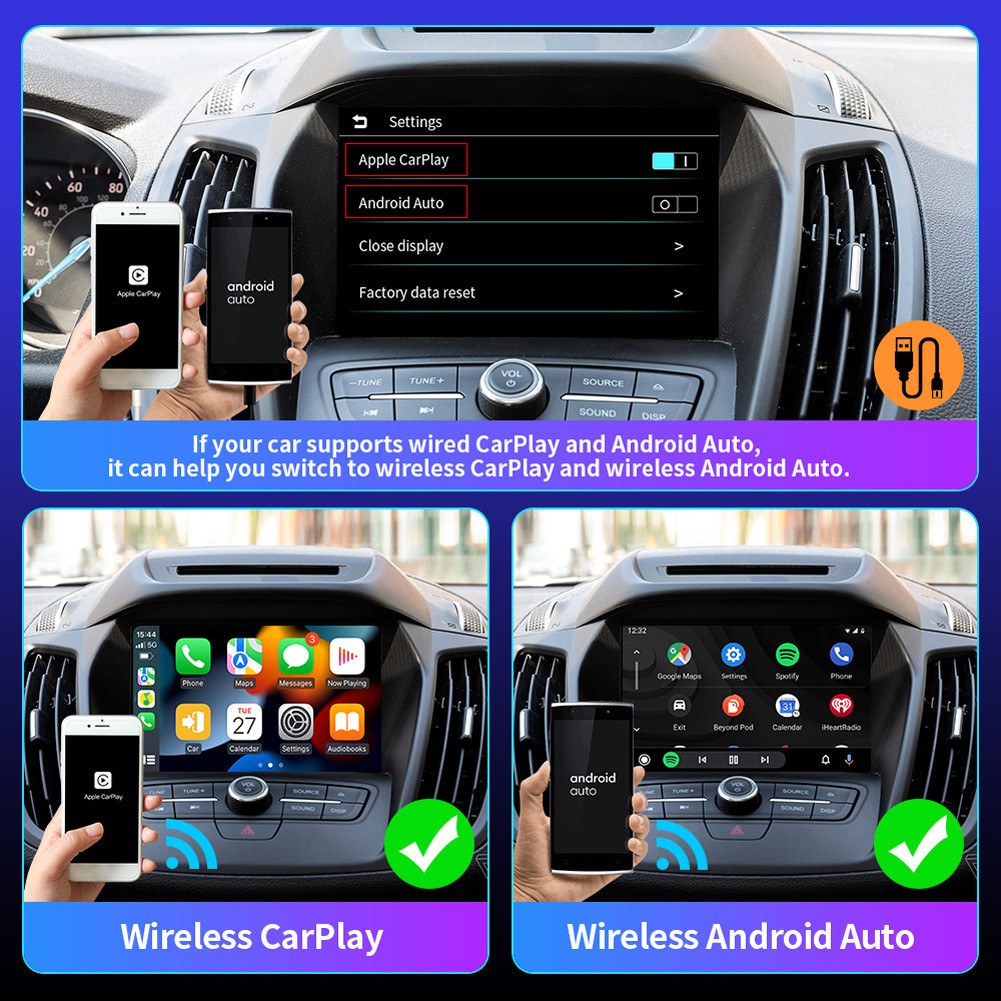 Wired To Wireless CarPlay Android Auto AI Box 2 in 1 Mini Box BT WiFi ...