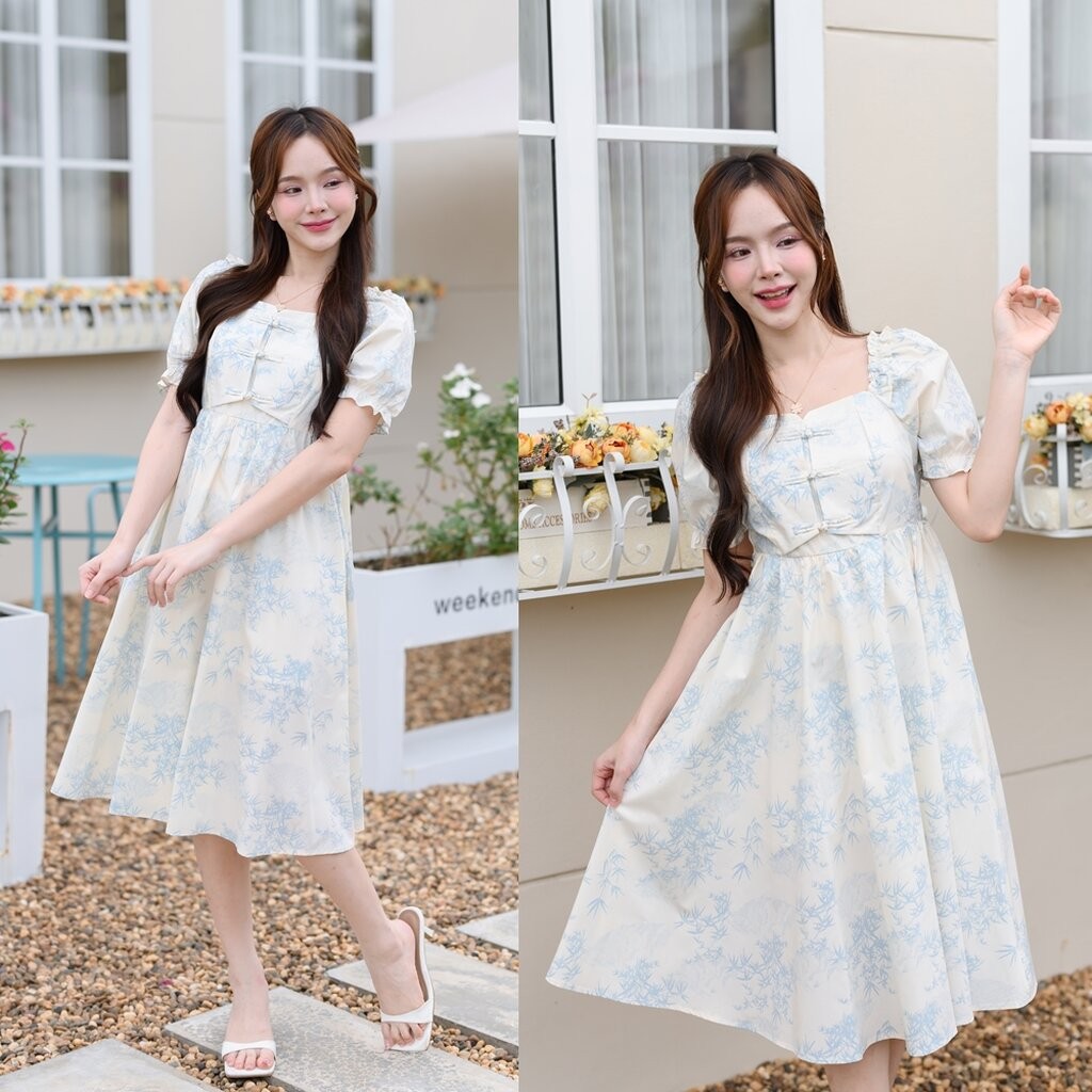 Ellie Leaves Dress Blue On Cream Color Chinese Buttons | Shopee Malaysia