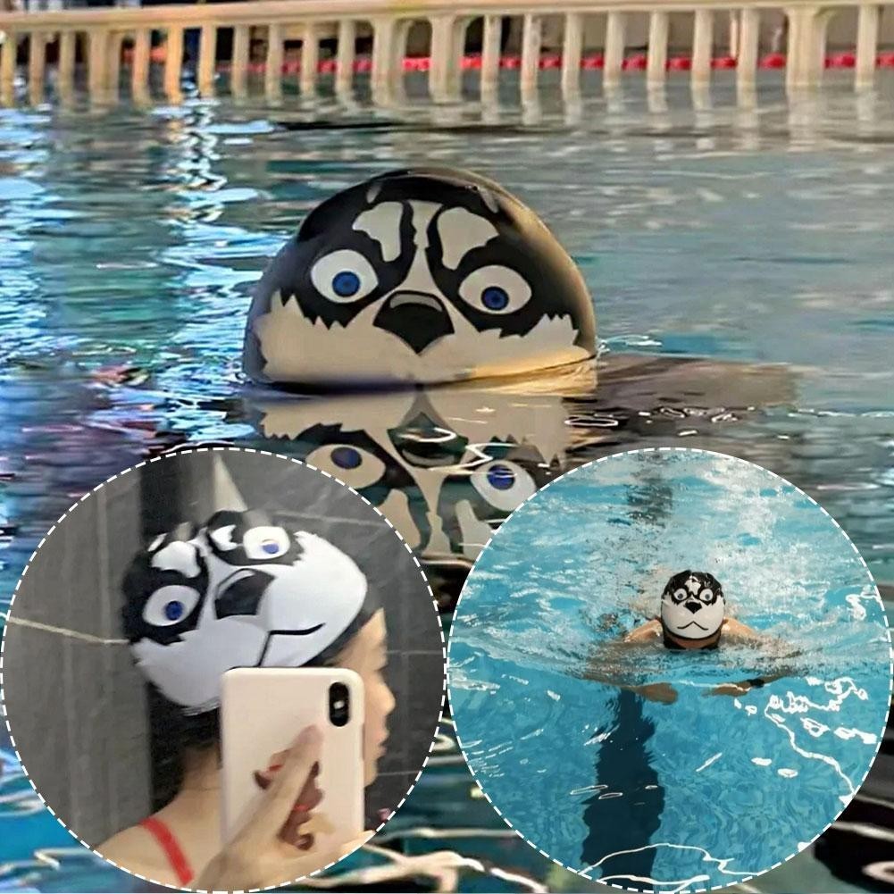 Adult Funny Silicone Swimming Cap Interesting Cute Cartoon Husky Swim ...