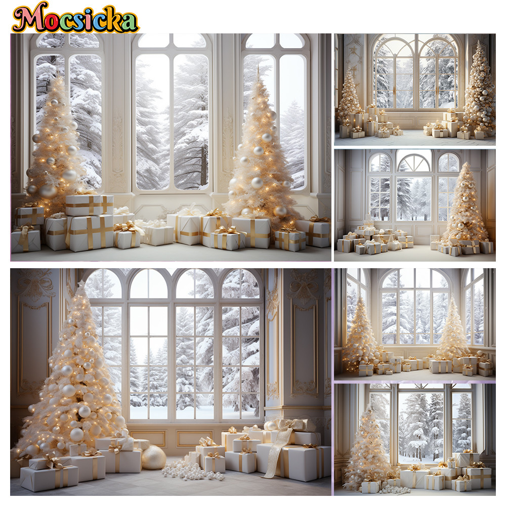 Winter Christmas Photography Backgrounds Window Snowy Scene Holiday Party Family Kids Portrait ...