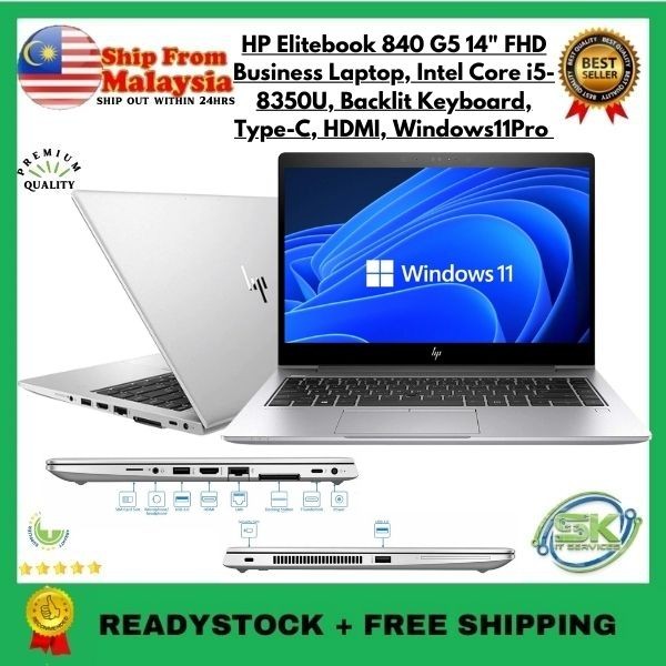 HP Elitebook 840 G5 14" FHD Business Laptop, Intel Core i5-8350U, Backlit Keyboard, Type-C, HDMI ...