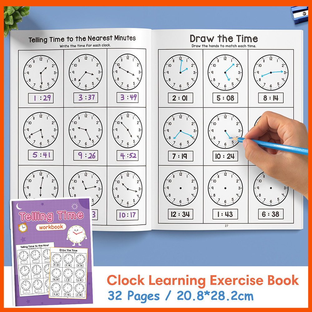 Telling Time Learning Workbook for Kids - Clock Practice Worksheets for ...