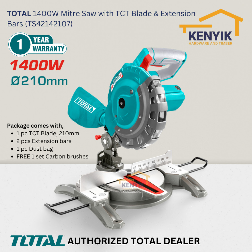 TOTAL 1400W Mitre Saw with TCT Blade & Extension Bars (TS42142107 ...