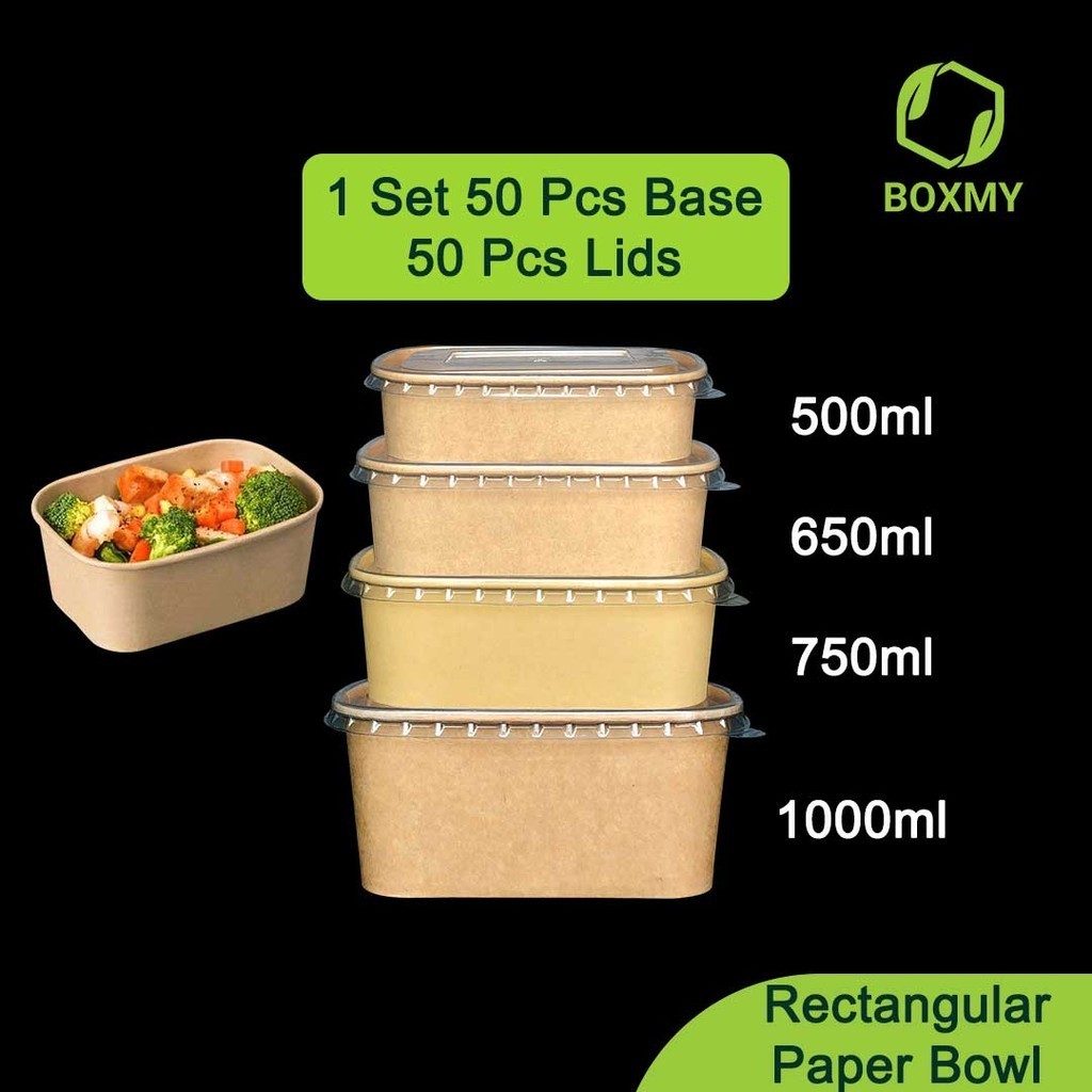 [50 Pcs] RECTANGULAR KRAFT PAPER BOWL with PET Lid Fruit Salad Disposable Brown Containers Lunch ...