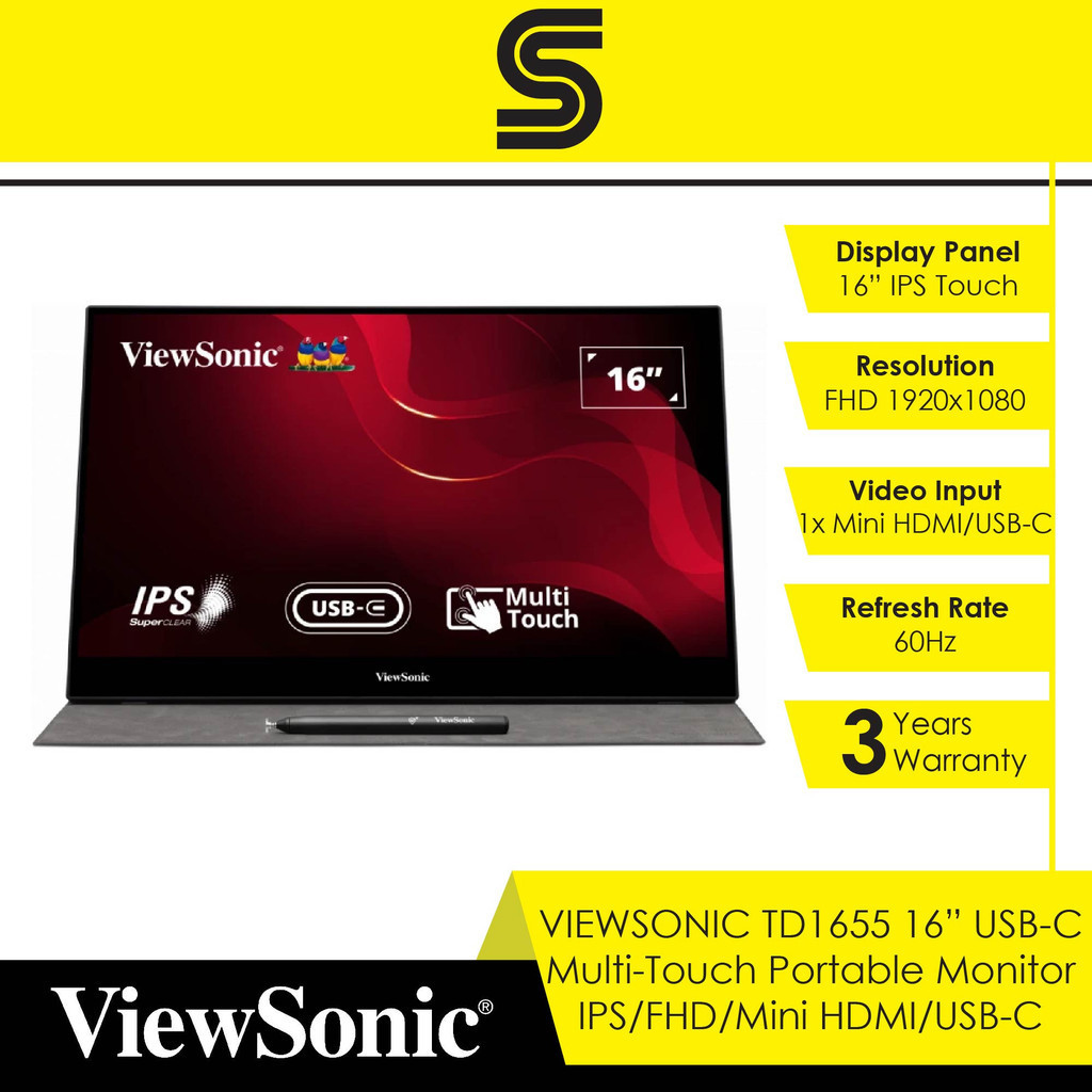 VIEWSONIC TD1655 16” USB-C Multi-Touch Portable Monitor - IPS/FHD/Mini ...