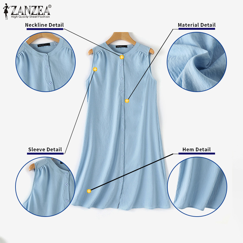 ZANZEA Women Korean Casual Sleeveless Round Neck Loose Placket Ruffles ...