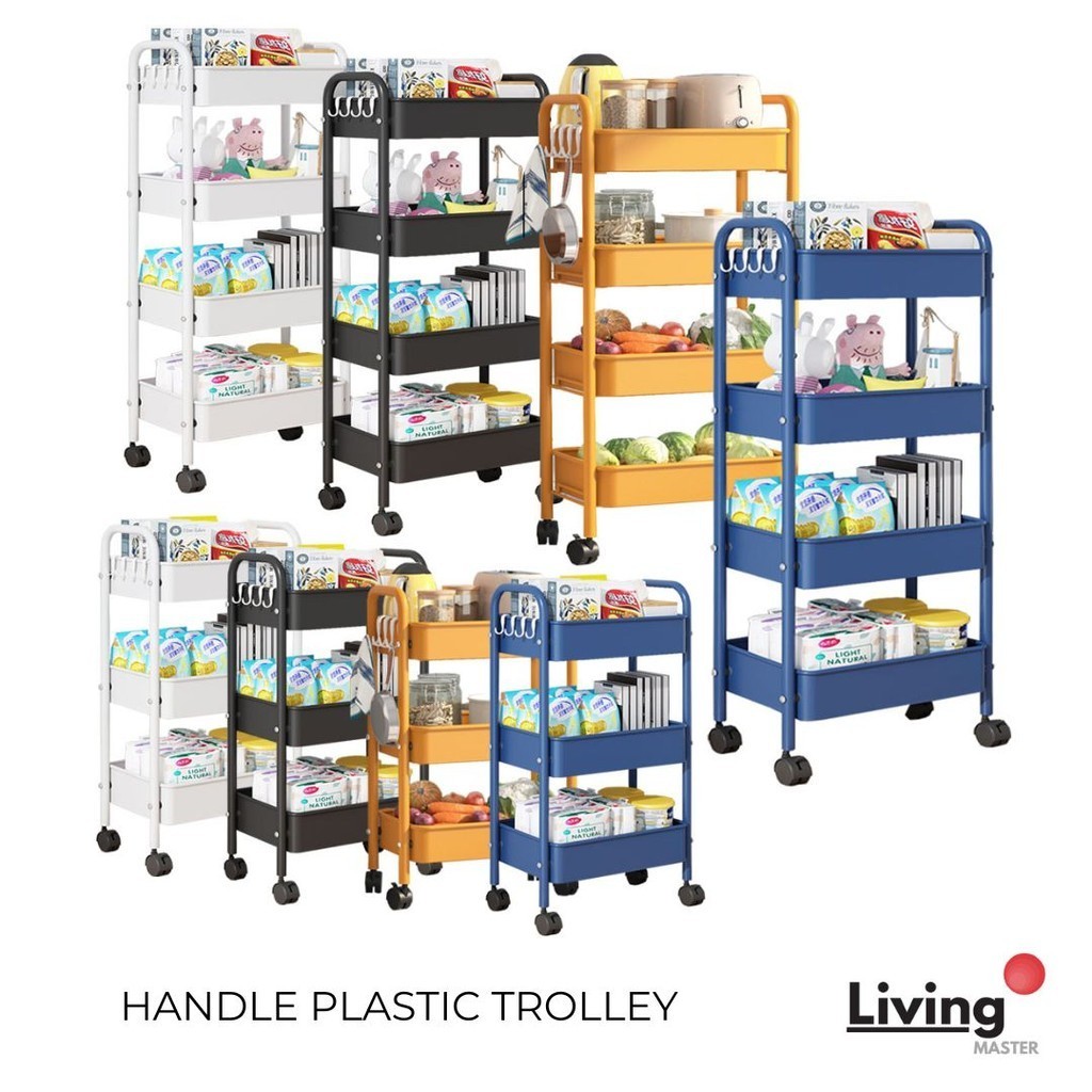 Plastic Storage Cart Movable Kitchen 3/4 Tier Trolley Rolling Utility ...