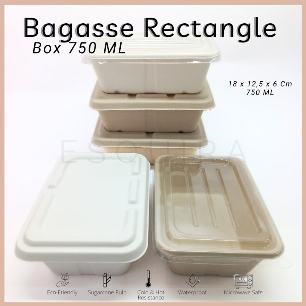 (ESQ) Bagasse Rectangle / Lunch Box 750 ML/Pulp Lid /Mica Lid /10 PCS ...