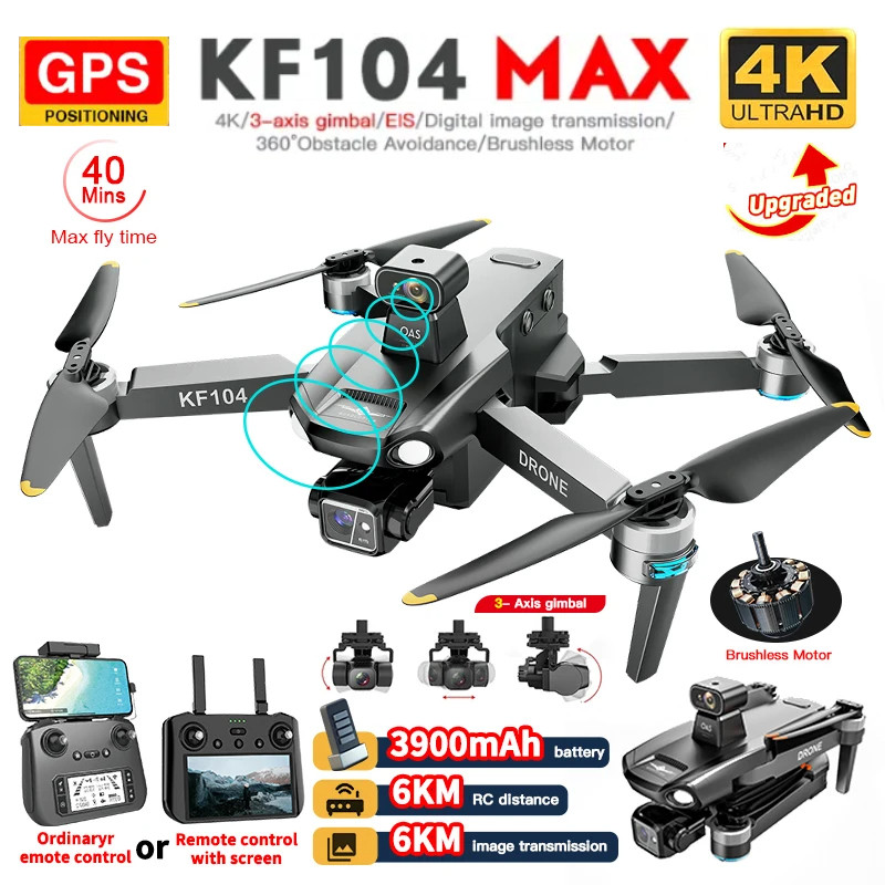 Upgraded KF104 MAX Professional Drone With 4K Camera 3-Axis Gimbal WIFI FPV 360° Obstacle ...