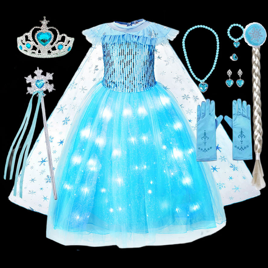 Child Halloween Princess Cosplay Apparel Princess Elsa Costume with LED ...