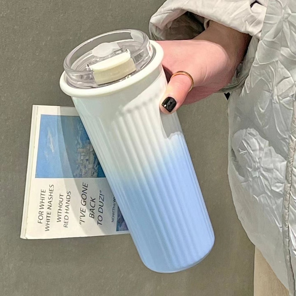 Tumbler Cup With Straw Striped Double Drink Thermos Cup Office Coffee Cup 316 Stainless Steel ...