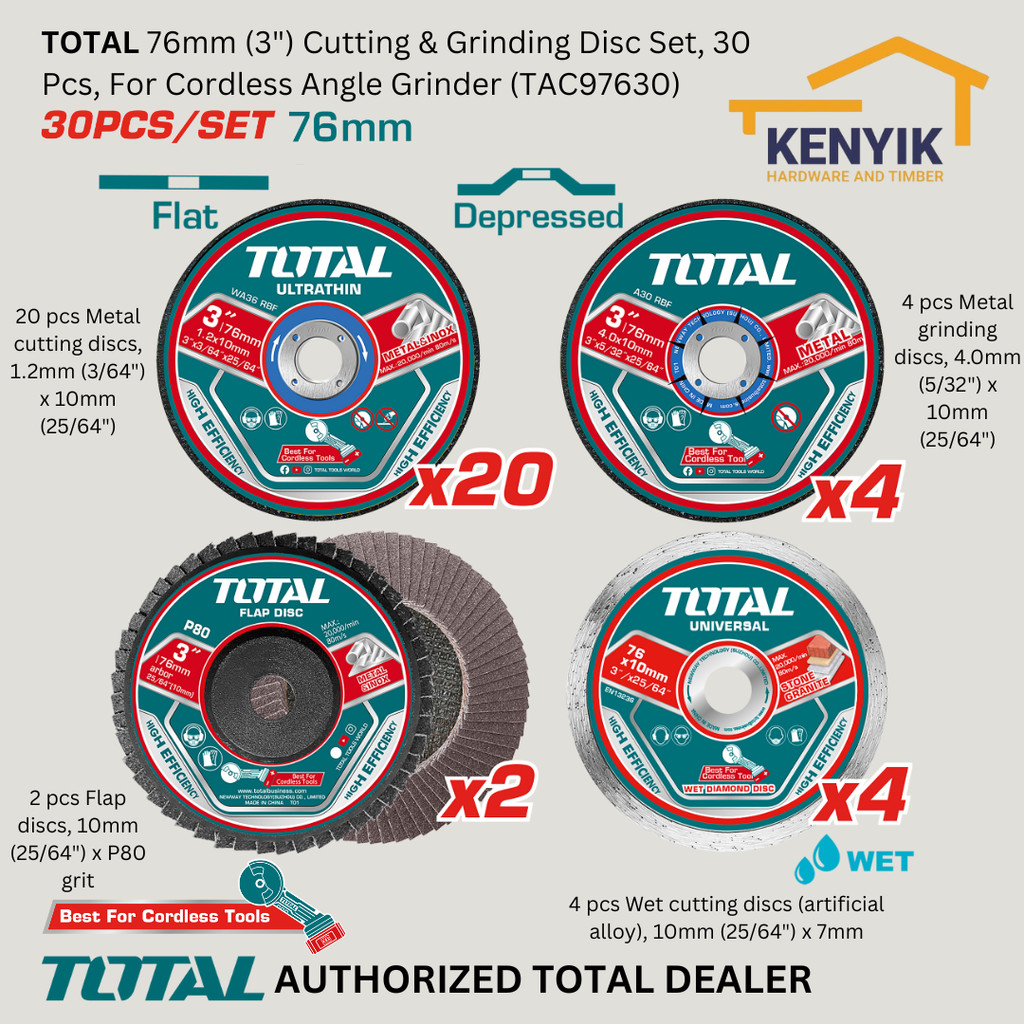 TOTAL 76mm (3") Cutting & Grinding Disc Set, 30 Pcs, For Cordless Angle ...