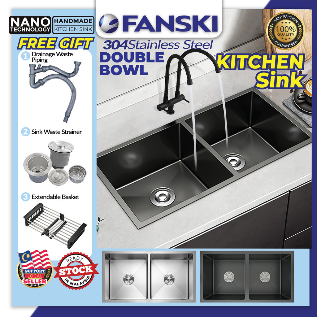 Double Sink SUS 304 Stainless Steel Home Kitchen Sink Sinki Dapur Nano ...