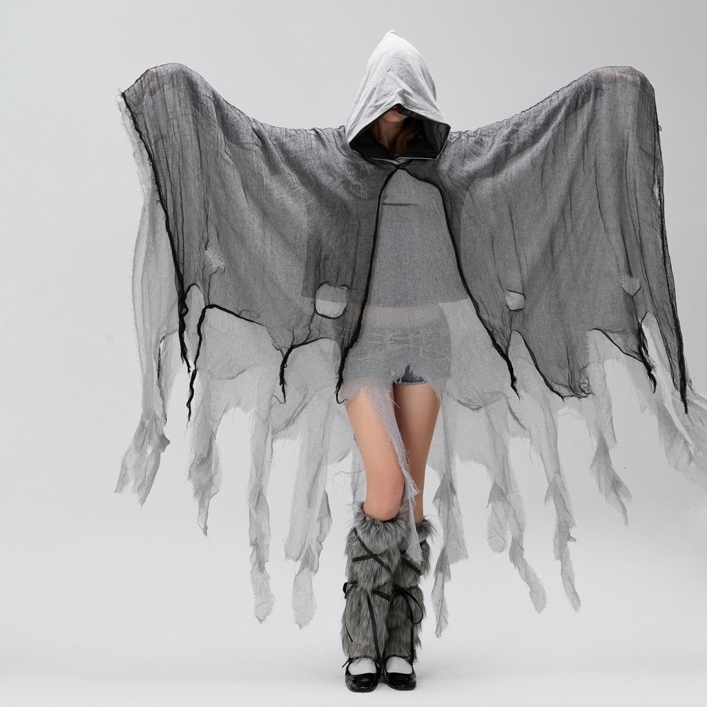 []-Halloween Witch Cloak with Hood Exaggerated Ripped Grim Reaper Cape ...