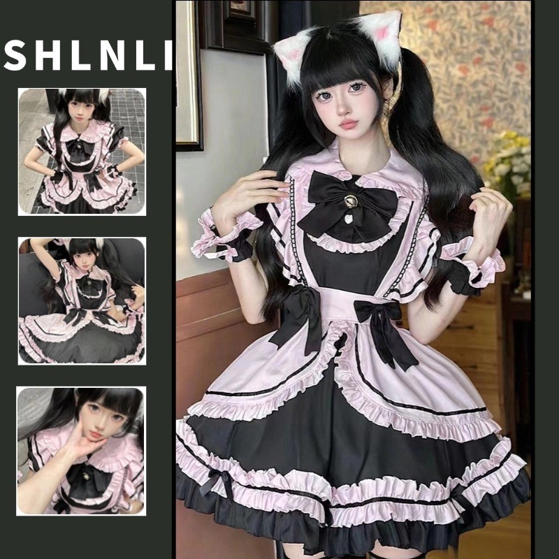 Summer Women's Cute Sweet Cat Maid Dress Black Pink Cosplay Lolita ...
