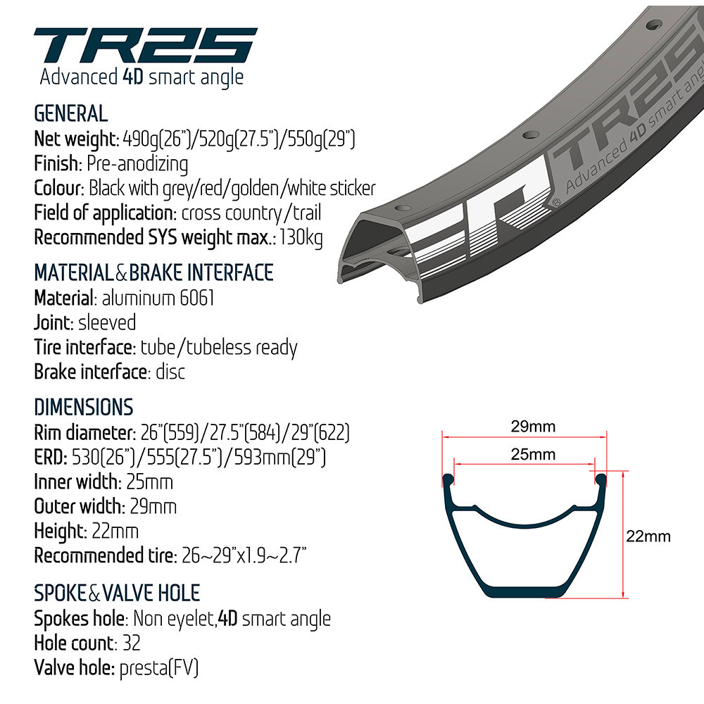KOOZER TR25 MTB TR Rim 26"27.5"29" 32 Holes Tubeles Ready XC Trail Disc ...