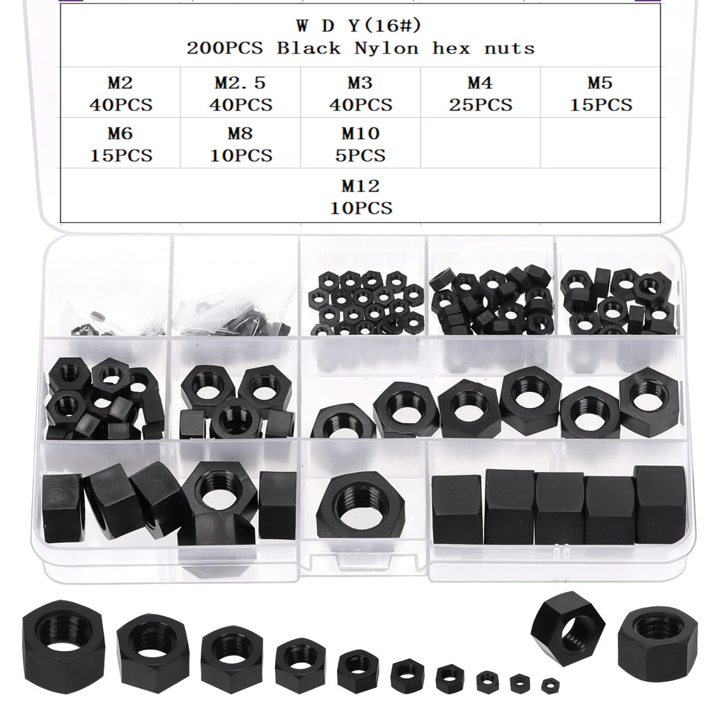 M2-m12 Metric Black Nylon Hex Nut Combination Kit, Metric Thread ...
