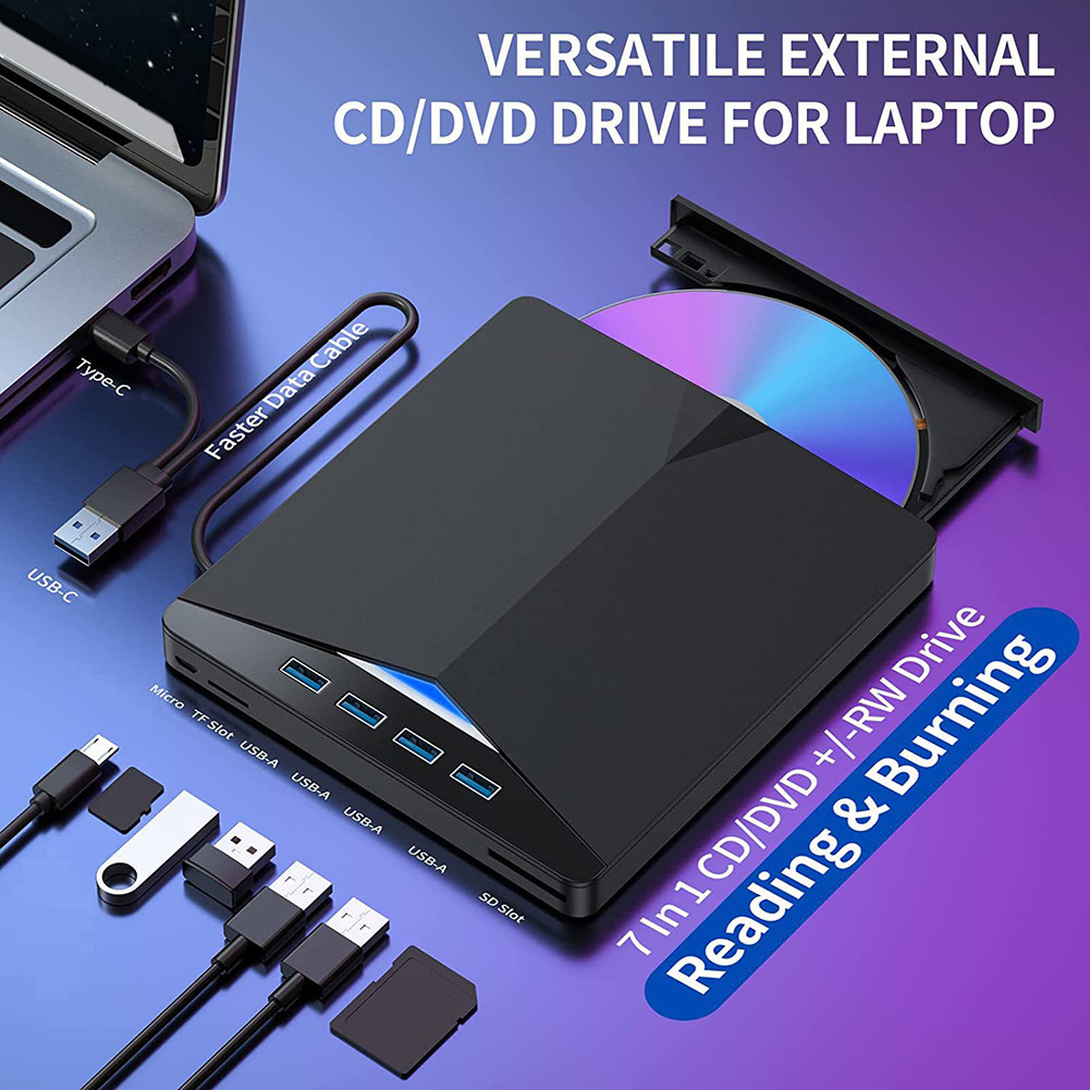 7 In 1 USB3.0 Type-C External CD/DVD Drive for Windows 11/10/8/7/Linux ...