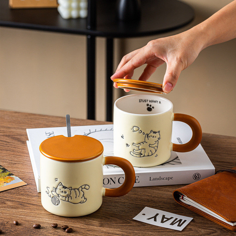 Cat Cup with Lid Ceramic Couple Mug Gift Good-looking Hand Painted Cute ...
