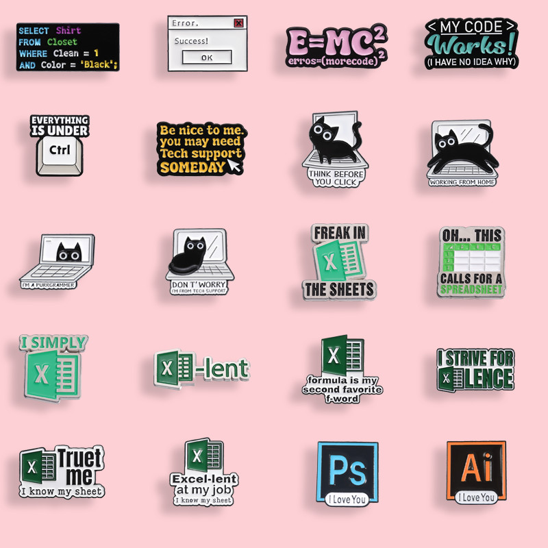 ''Cartoon Office Software and Computer Slogans Series'' Enamel Brooches ...