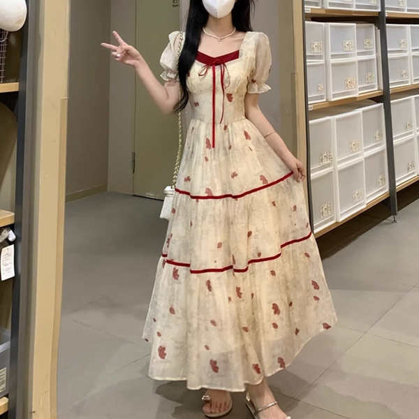 dinner dress dress woman Saiz besar Perancis blok warna cetakan gaun ...