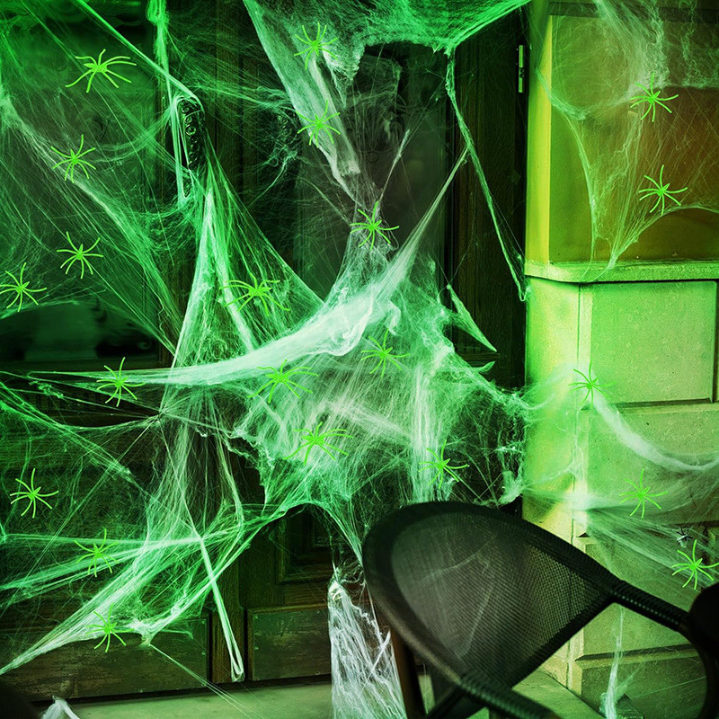 Luminous Spider Web Stretchy Artificial Cobweb with Fake Spiders ...