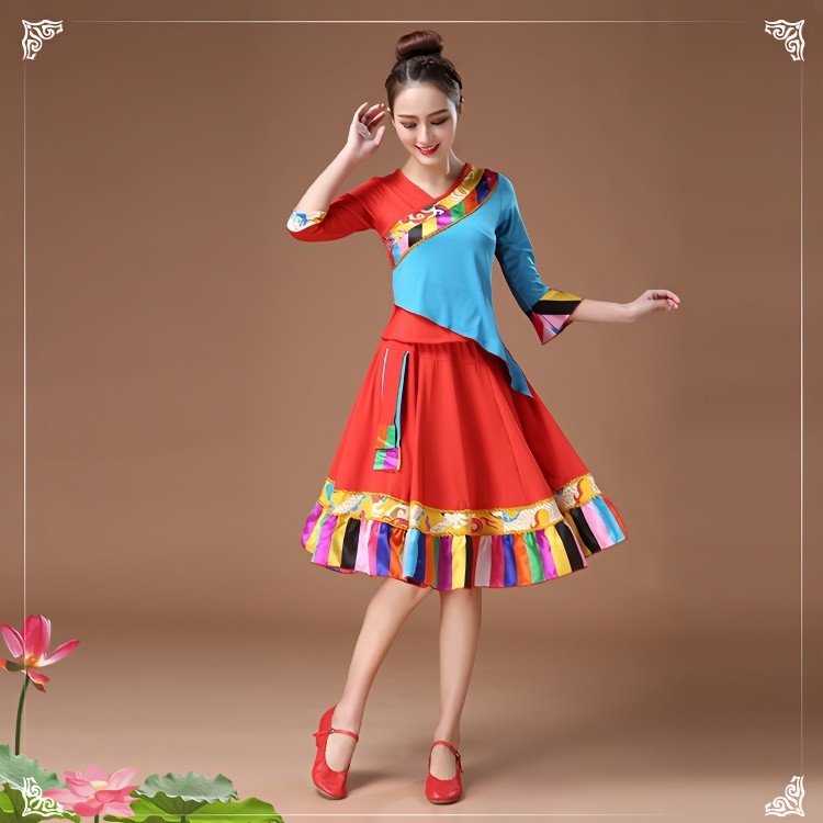Tibetan Dance Costume Women's Adult Square Dance New Suit Ethnic Style Short Skirt Ethnic ...