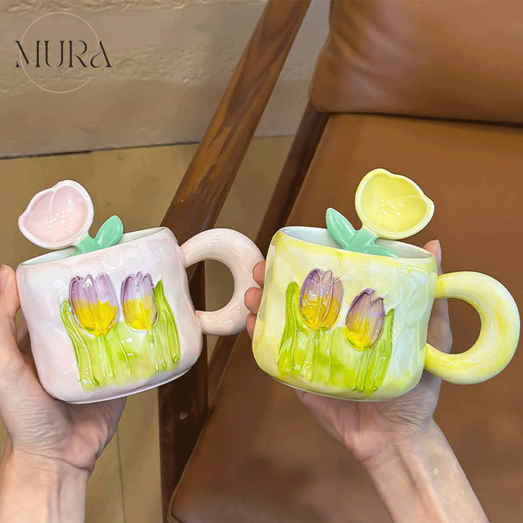 450mL PERCUMA Sudu Dan Penutup Flower Cawan Comel Seramik Set Hadiah ...